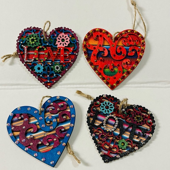 Hand Crafted | Holiday | Wood Heart Ornaments Serape Inspired ...